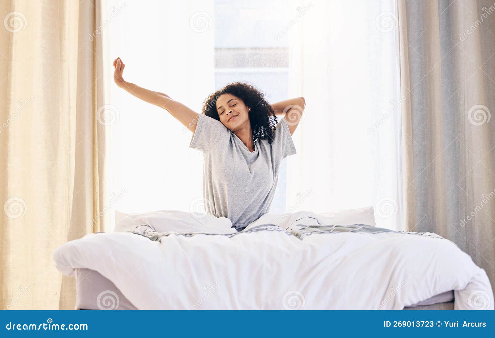 Morning Stretching Black Woman And Wake Up In Home Bedroom After