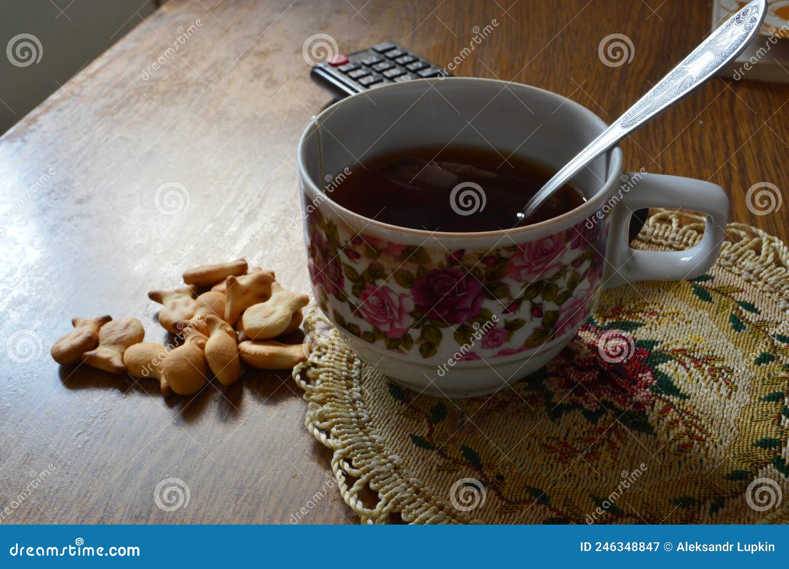 Morning with Strong Tea, Cracker and TV Stock Image - Image of cracker ...