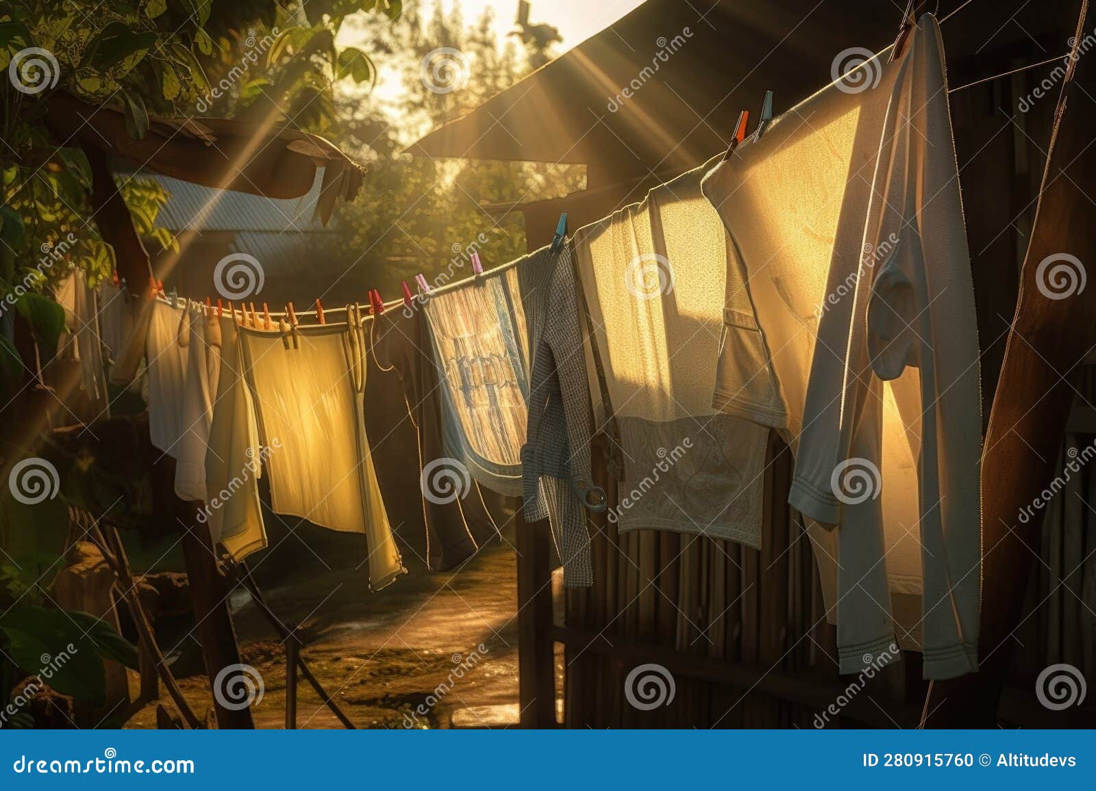 Morning Sun Shining on Clothes Drying after a Rainy Night Stock ...