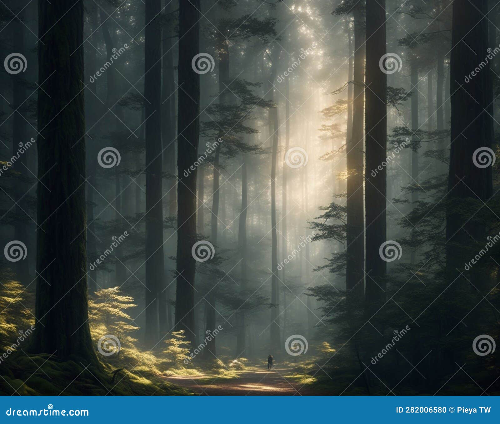 Morning Sun Shining through the Thick Fog in the Forest Stock ...