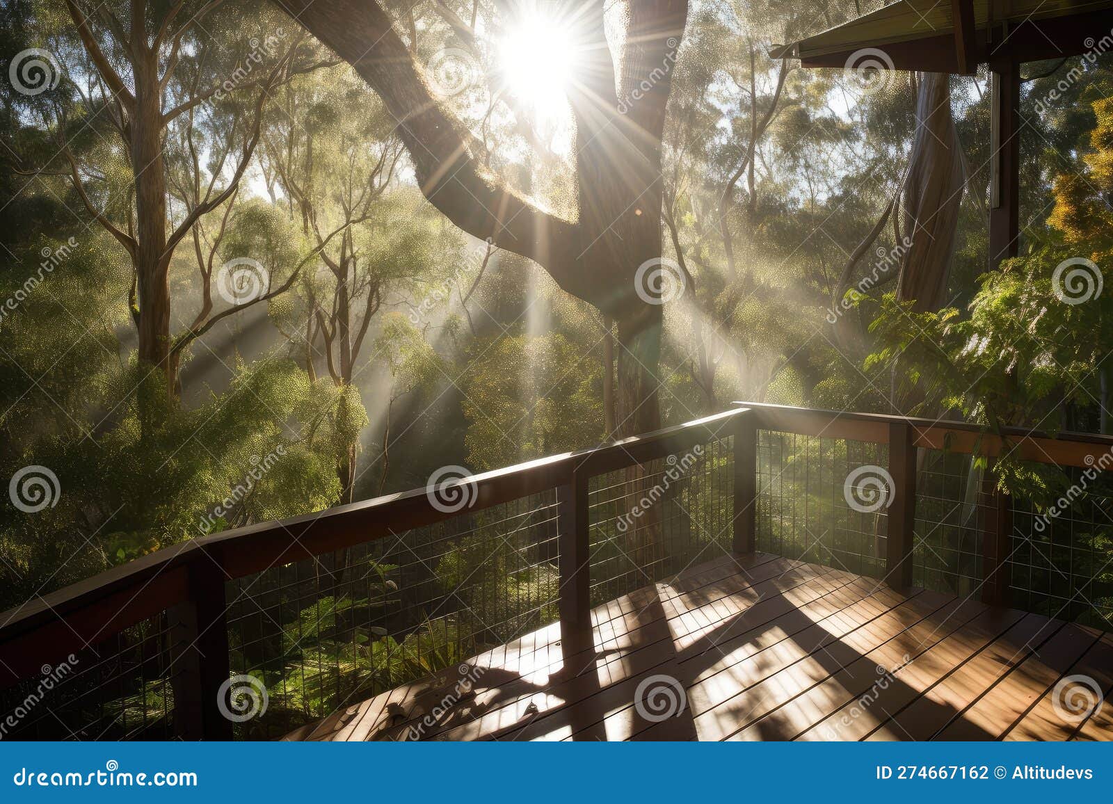 Morning Sun Shining through the Treetops Onto Deck Stock Photo - Image ...