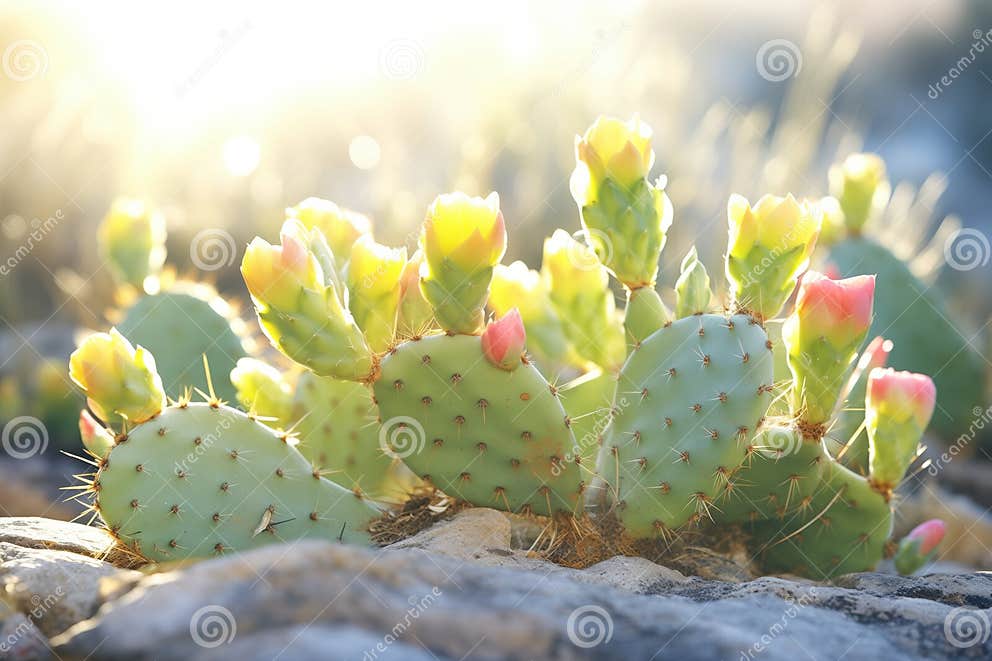 Morning Sunlight Hitting a Patch of Prickly Pear Cacti Stock Photo ...