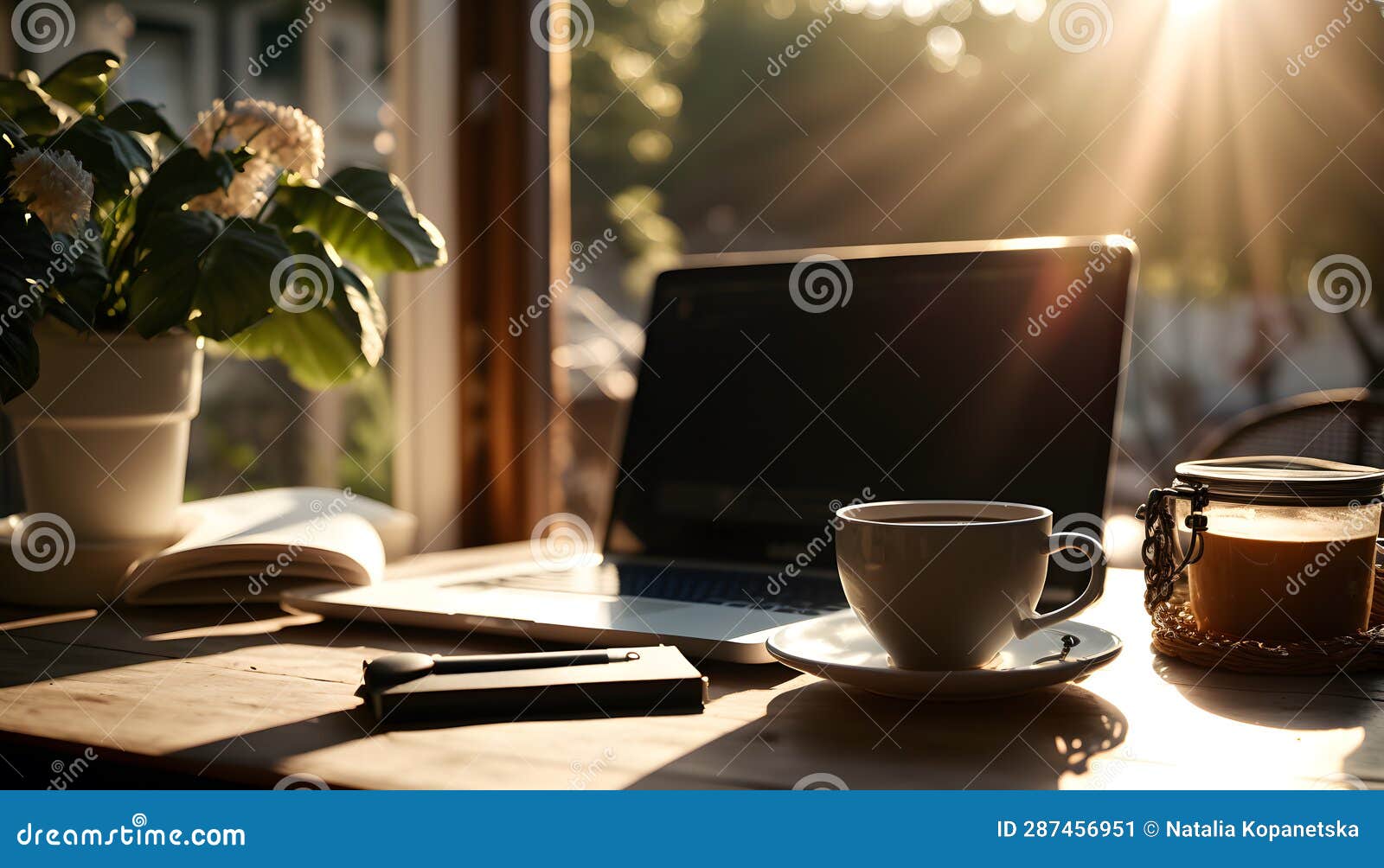 Morning Table with Laptop and Coffee. Sunny Morning Stock Illustration ...
