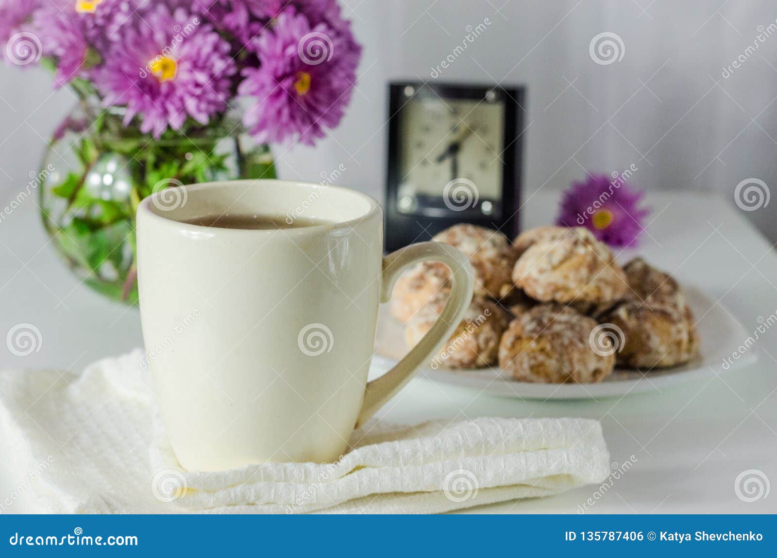 Morning tea and biscuits stock photo. Image of coffee - 135787406