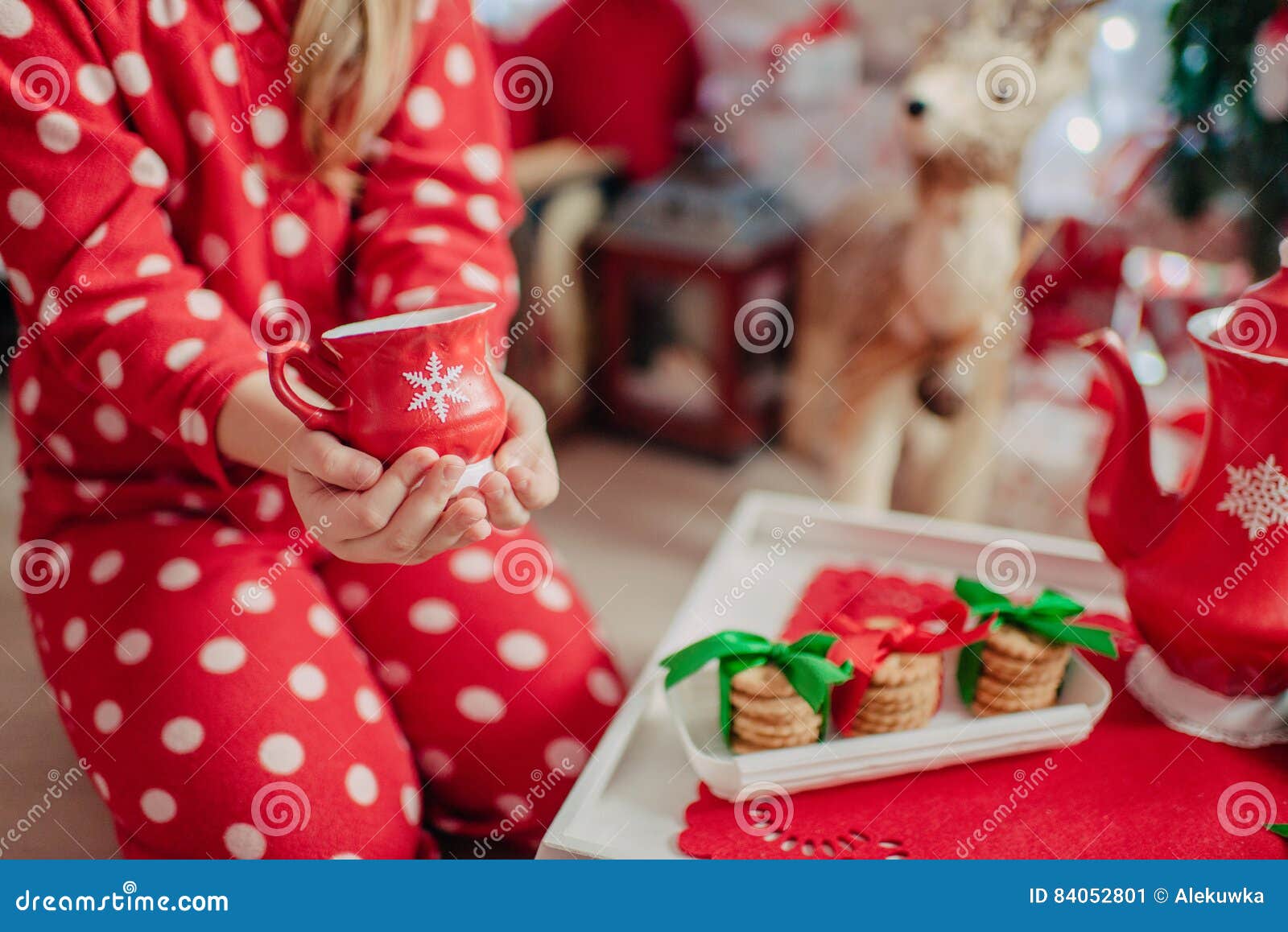 Morning Tea Child in Red Pajamas Stock Image - Image of food, closeup ...