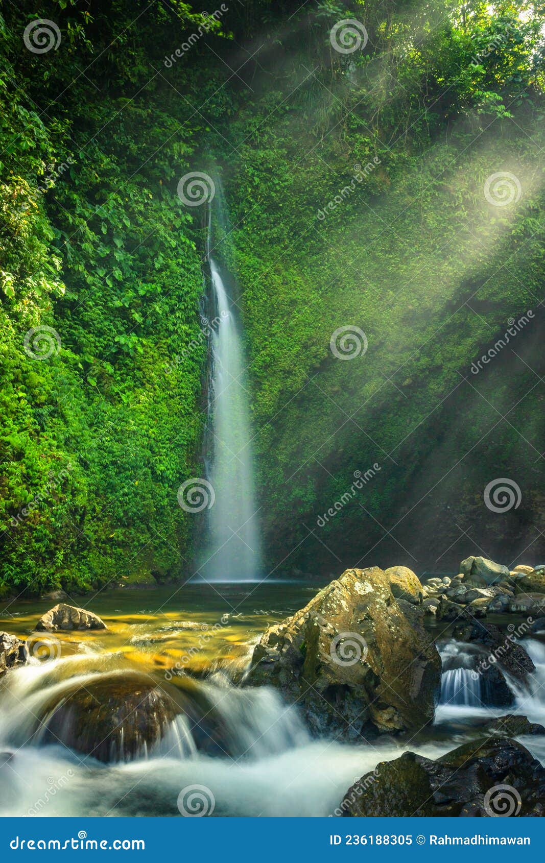 Morning View at Beautiful Waterfall with Shining Sun Stock Image ...
