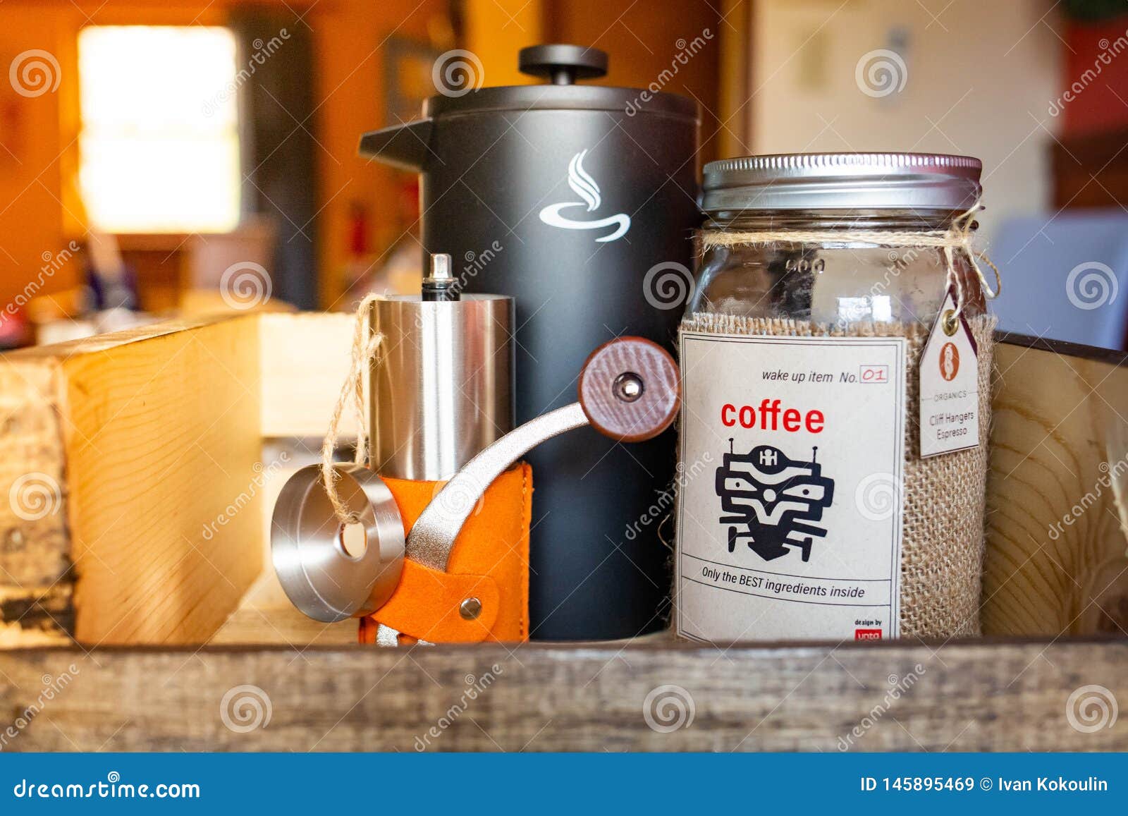 Morning Wake Up Coffee Set with Kettle and Grinder Stock Illustration ...