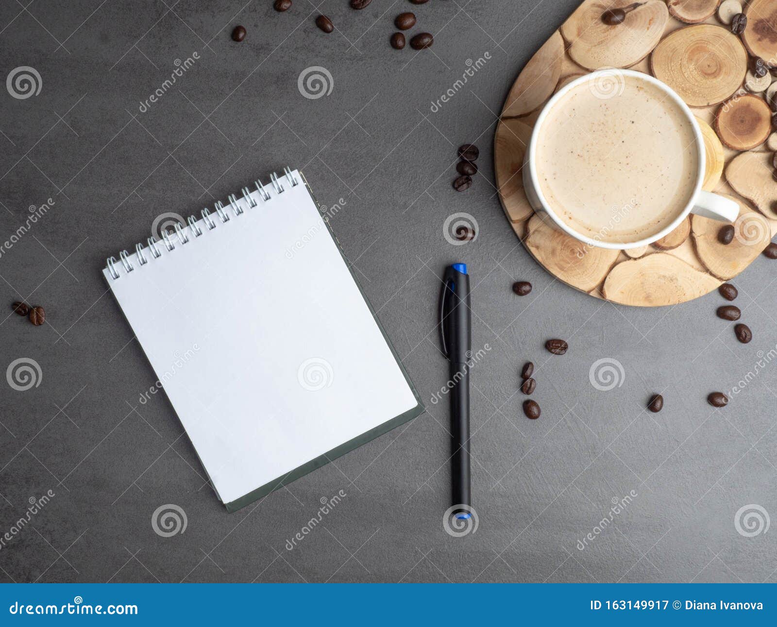 Morning Workplace As Cup of Coffee, Coffee Beans and Notepad for Notes ...