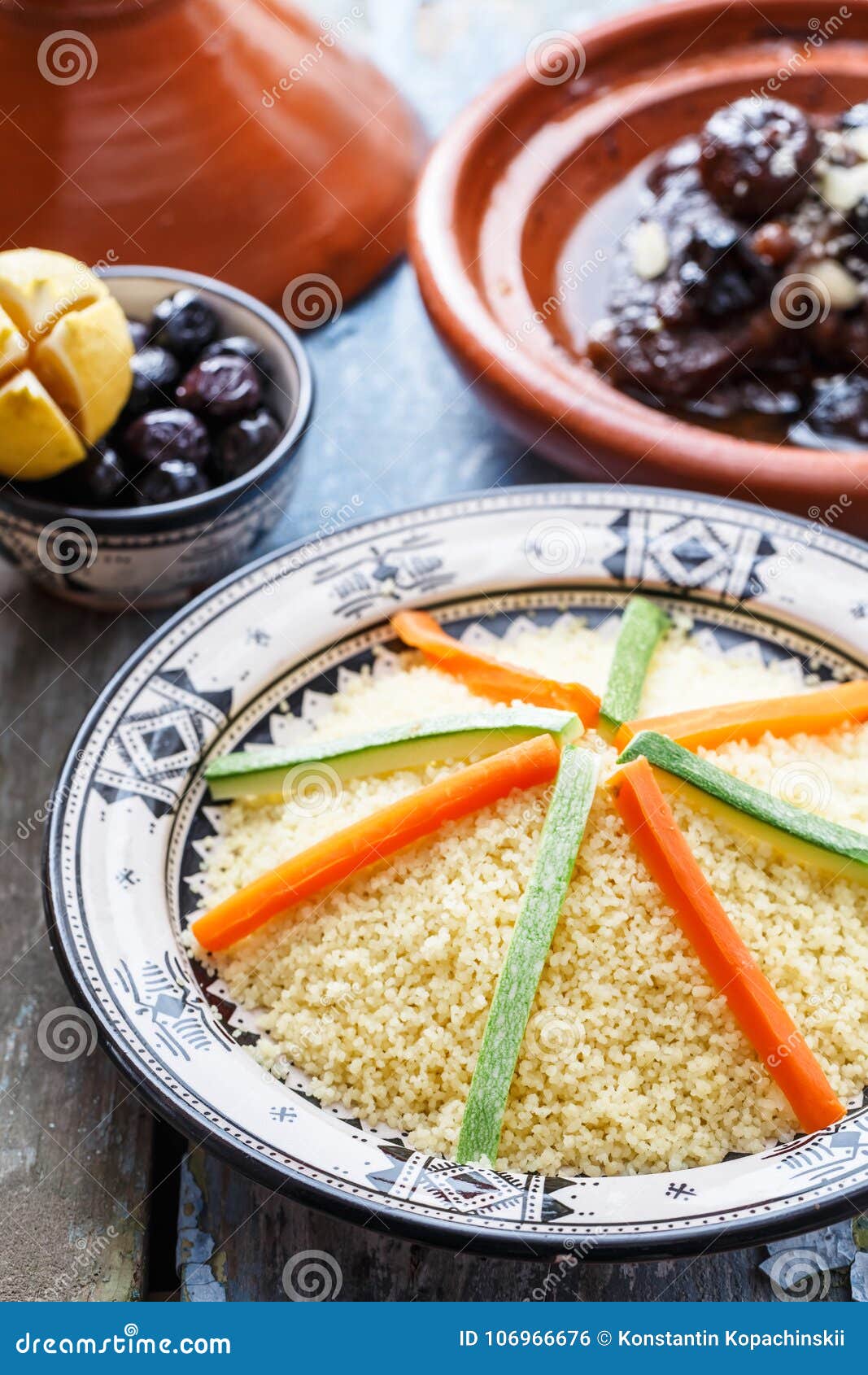 Moroccan Couscous Topped with Vegetables. Rustic Style. Stock Photo ...