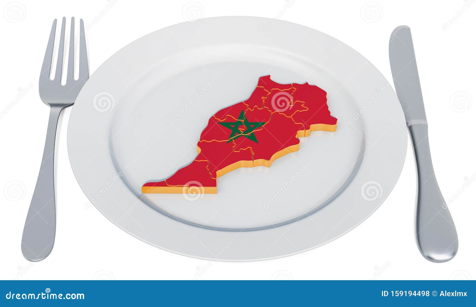 Moroccan Cuisine Concept. Plate with Map of Morocco. 3D Rendering Stock ...