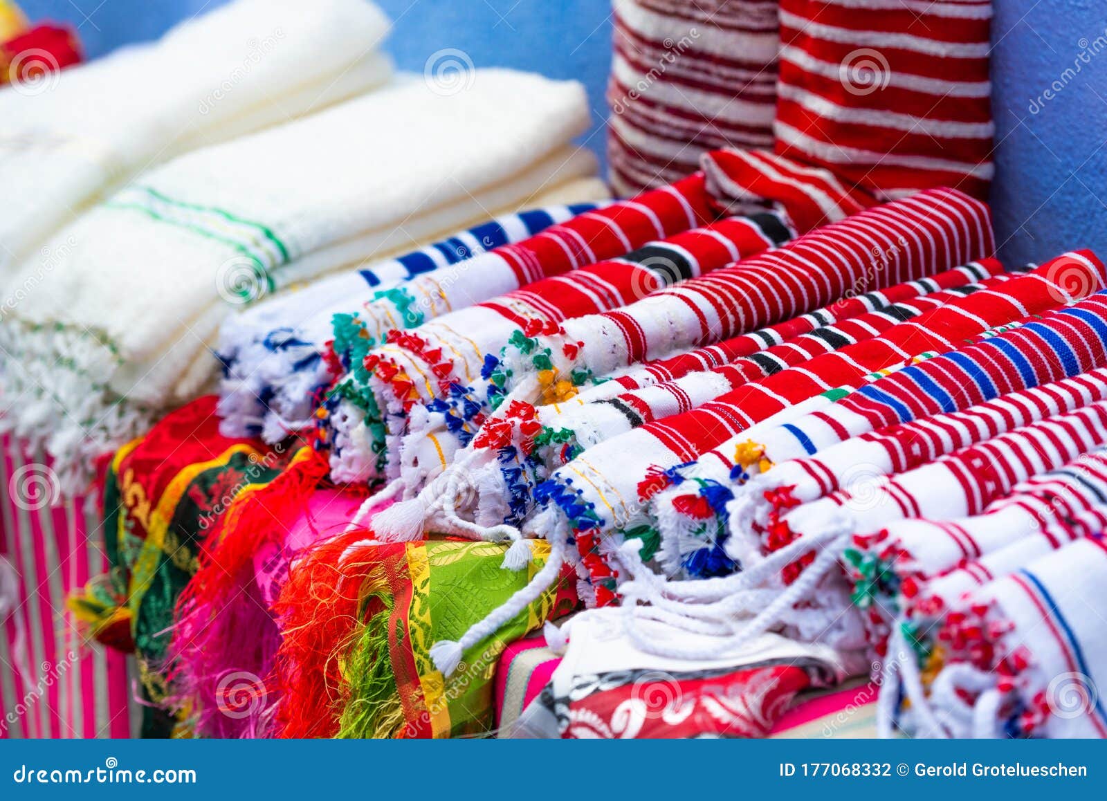 Moroccan Fabrics in the Store, Chefchaouen, Morocco. with Selective ...
