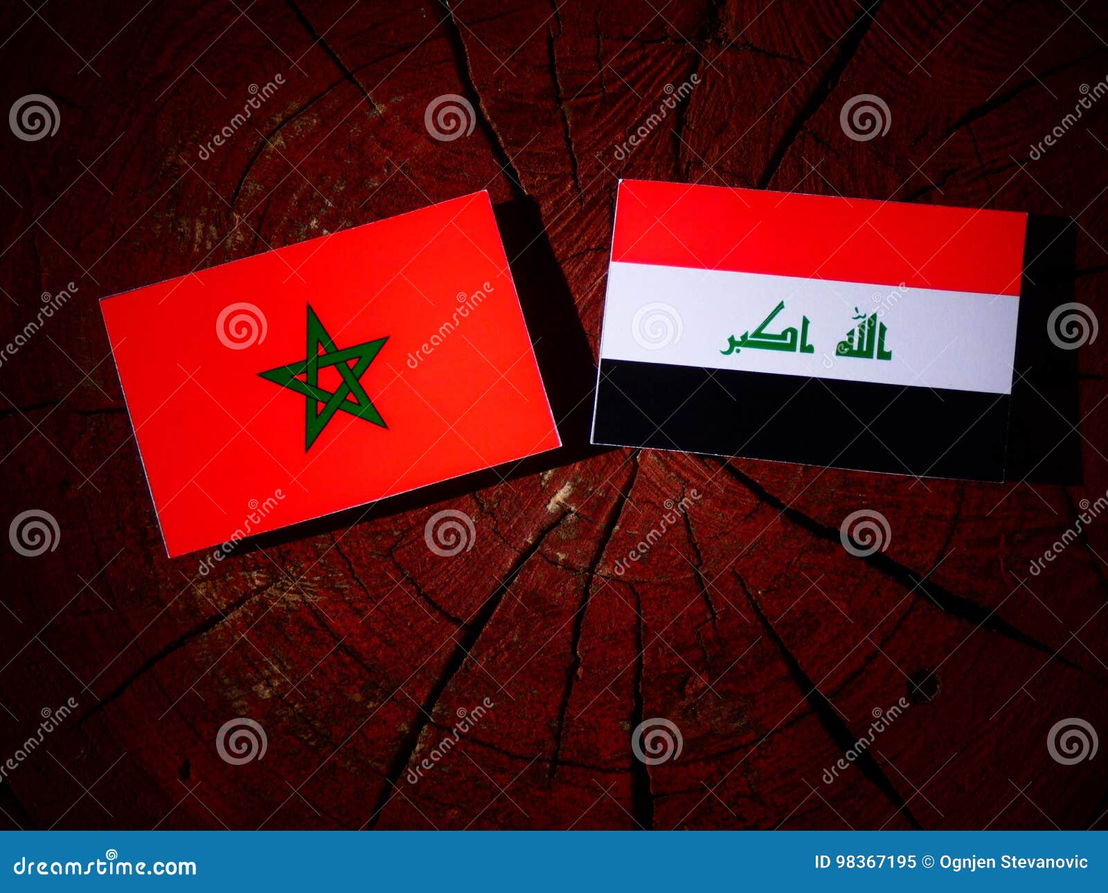 Moroccan Flag with Iraqi Flag on a Tree Stump Isolated Stock Image ...