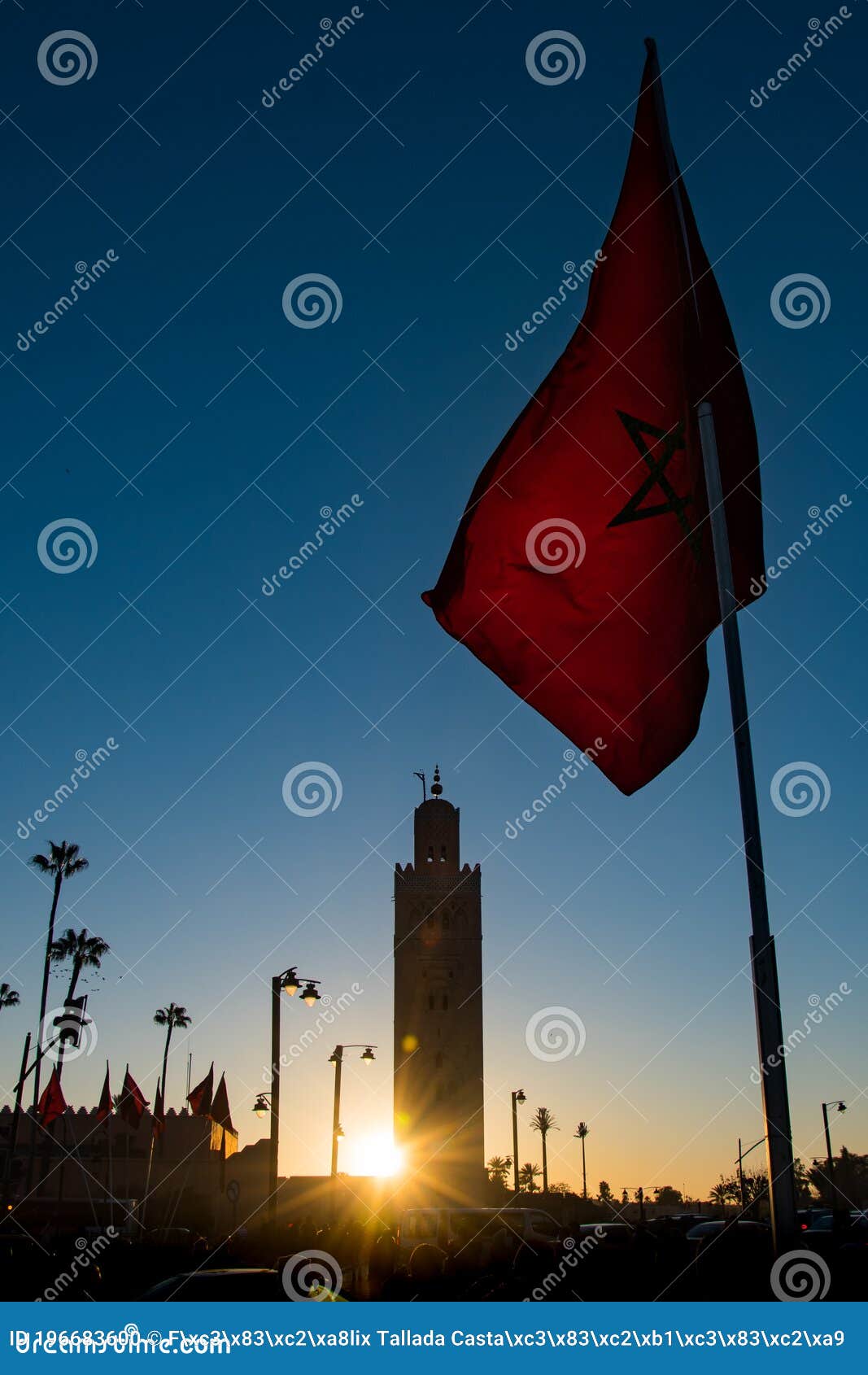 Moroccan Flag and Marrakech Mosque Stock Photo - Image of tall ...