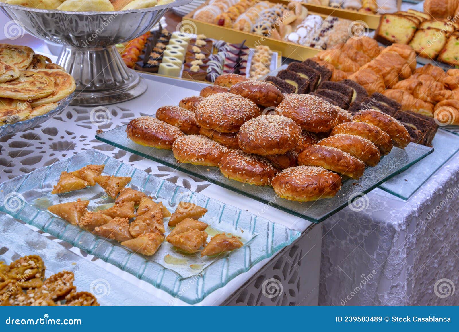 Buffet With Sweets. Fruits And Other Sweets On Dessert Table. Rows Of ...