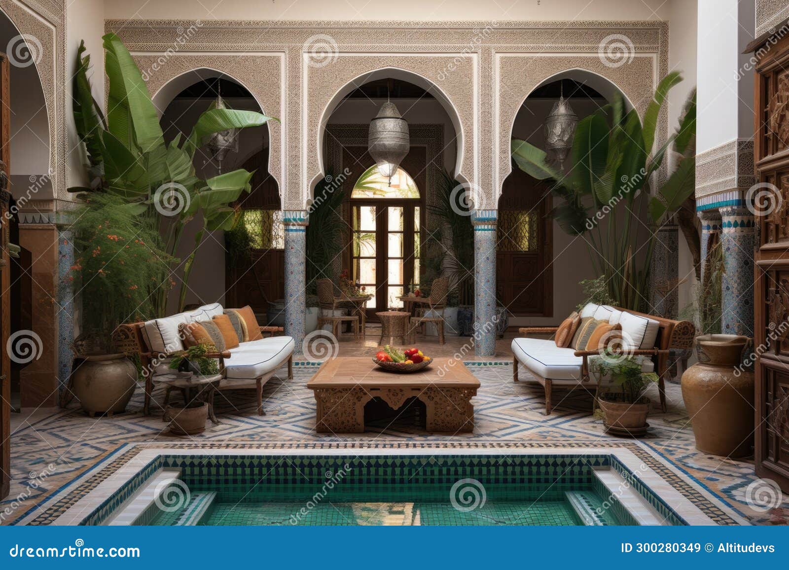 Moroccan Riad with Intricate Tile Work and a Courtyard Pool Stock Image ...
