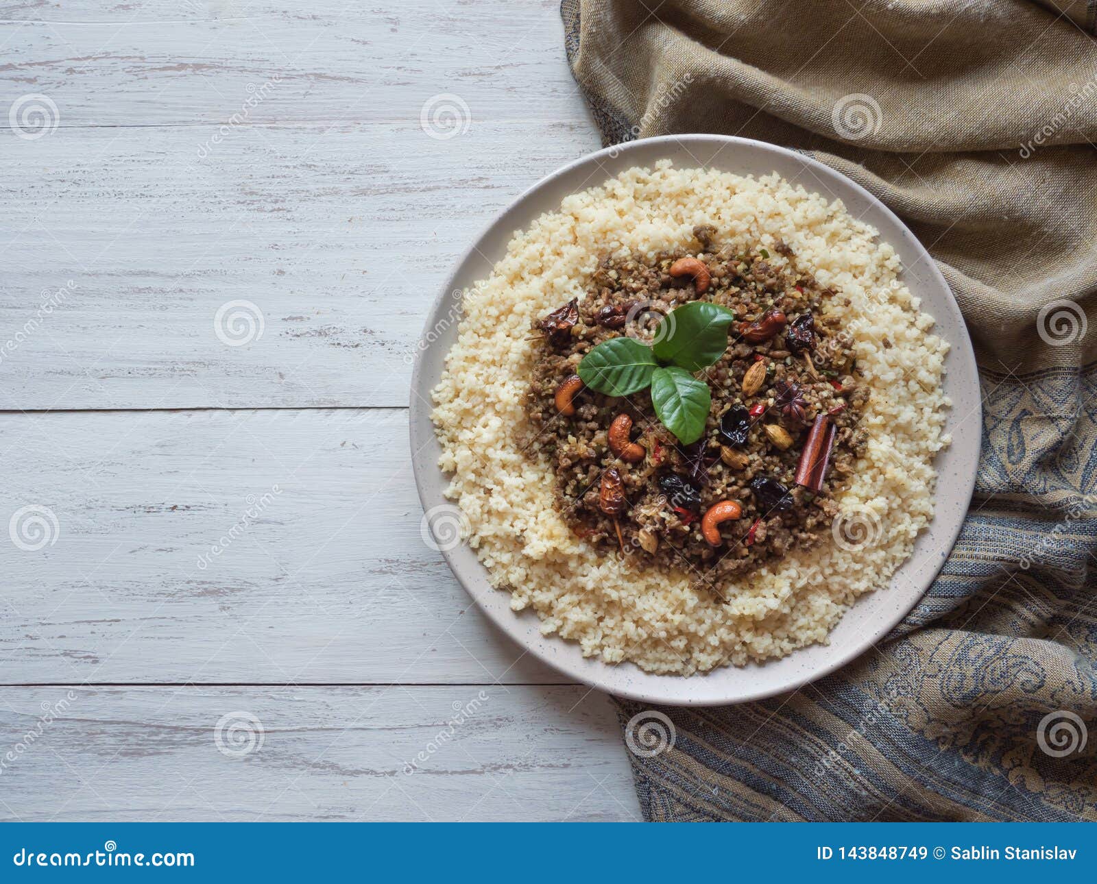 Moroccan Spiced Mince with Couscous. Top View. Stock Image - Image of ...