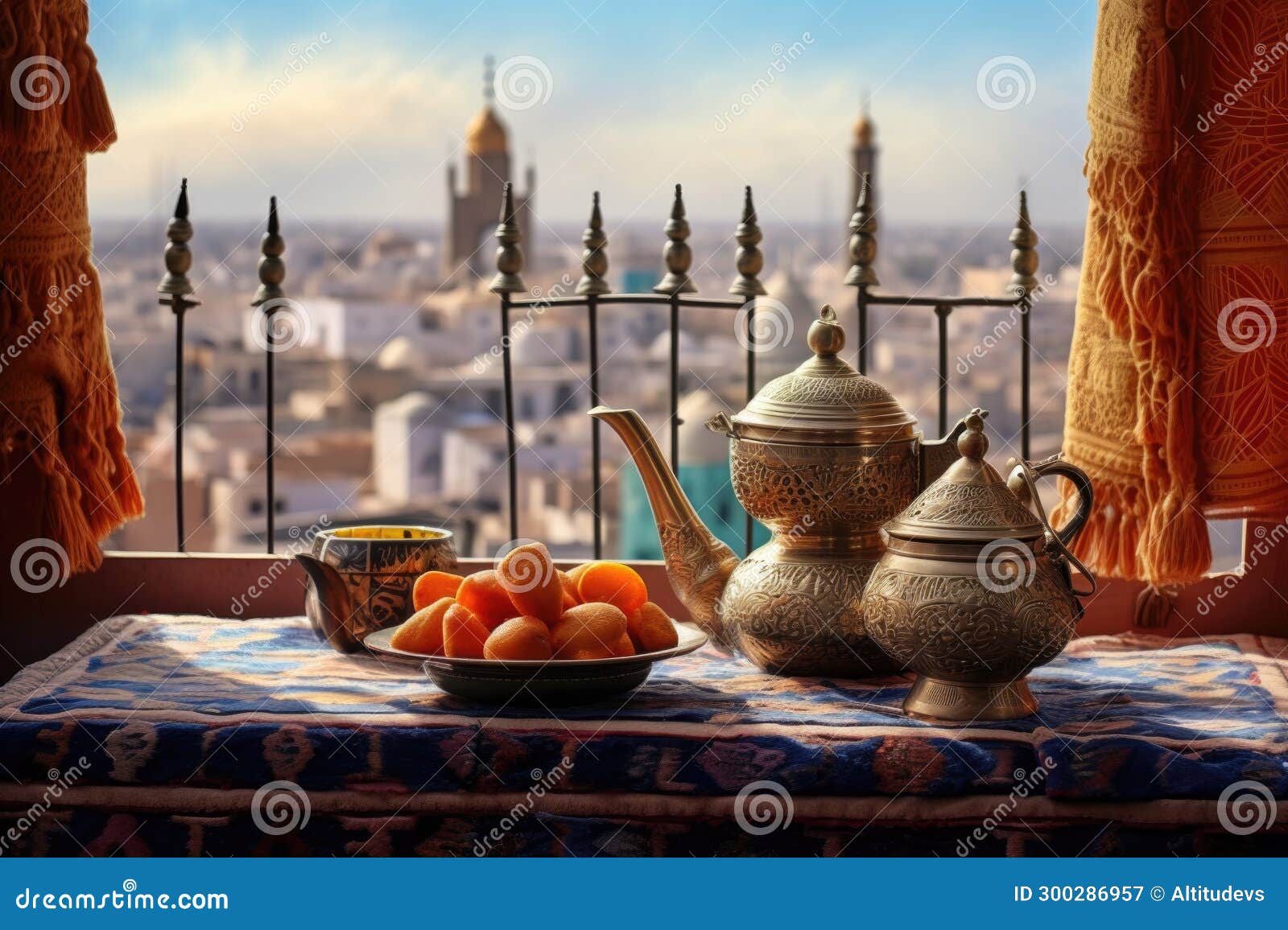 Moroccan Tea Set with Brewing Tea, on a Table Overlooking the Marrakech ...