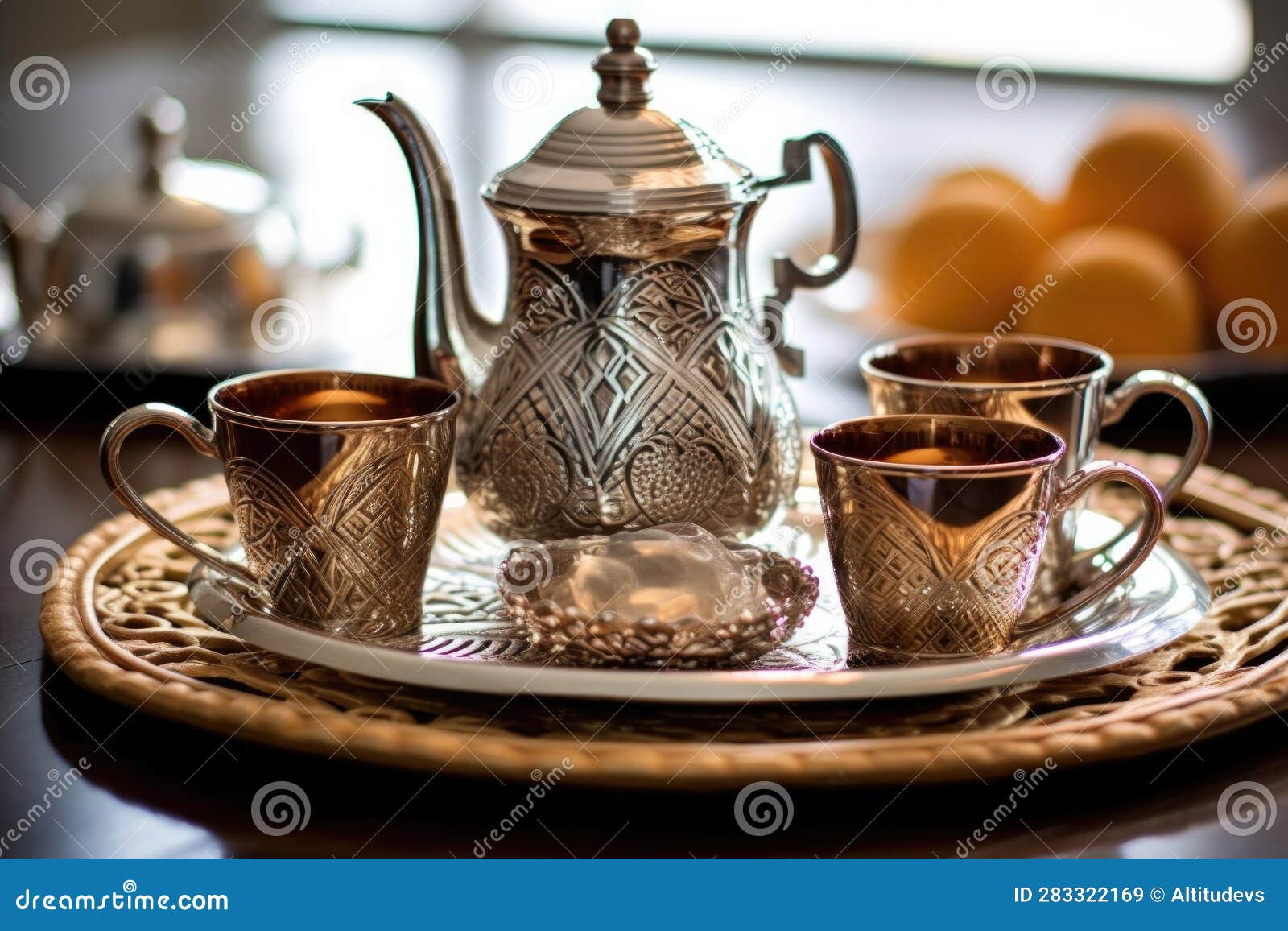 Moroccan Tea Set with Elaborately Designed Teapot Stock Illustration ...