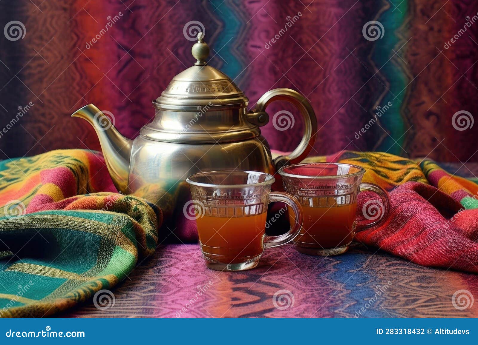 Moroccan Teapot with Colorful Tea Glasses on Patterned Cloth Stock ...