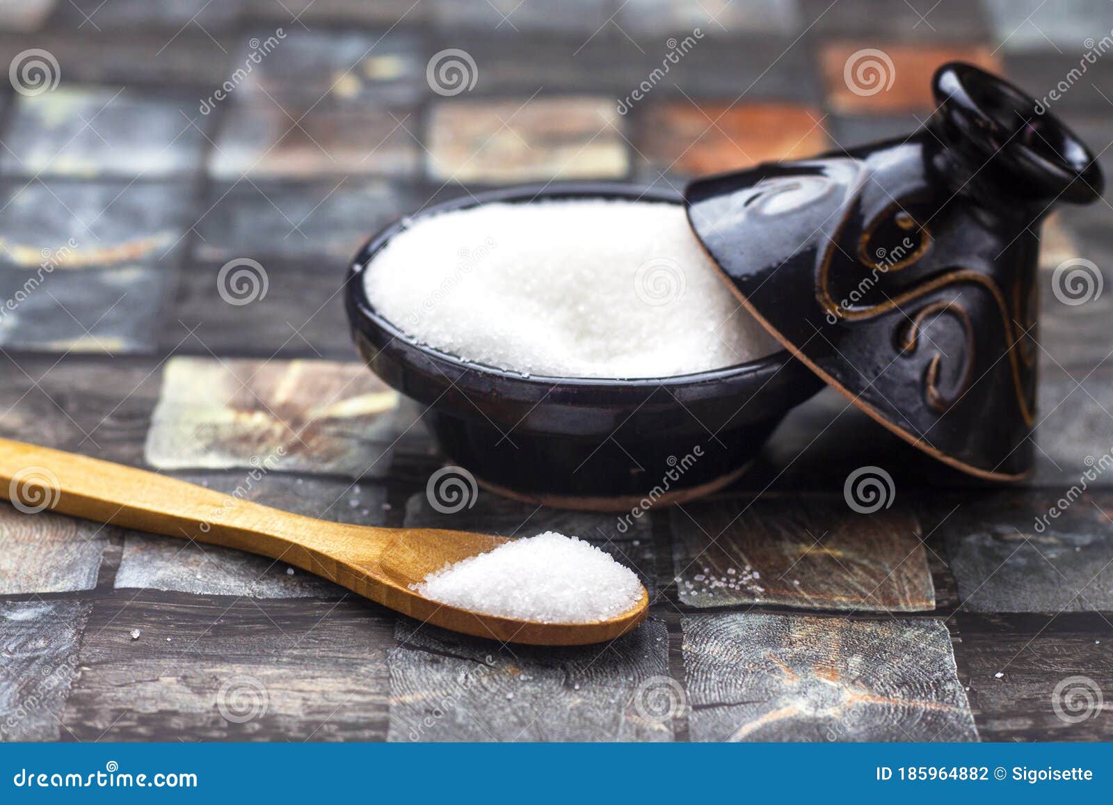 Morocco Ceramic Cookware of Granulated Sugar and Wooden Spoon. Stock ...
