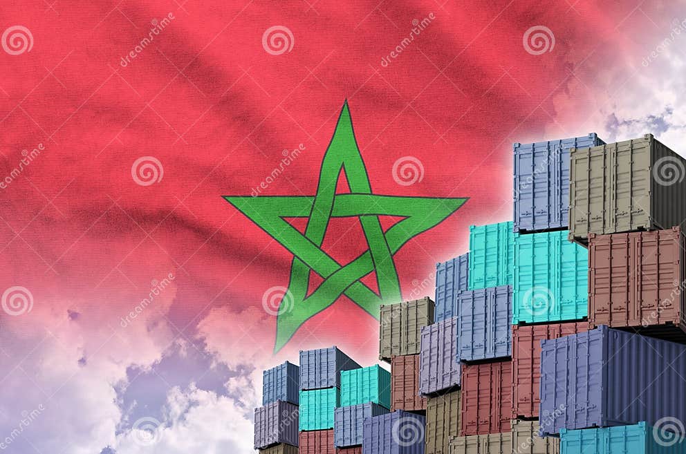 Morocco Flag and Big Stack of Shipping Cargo Containers in Docks with ...
