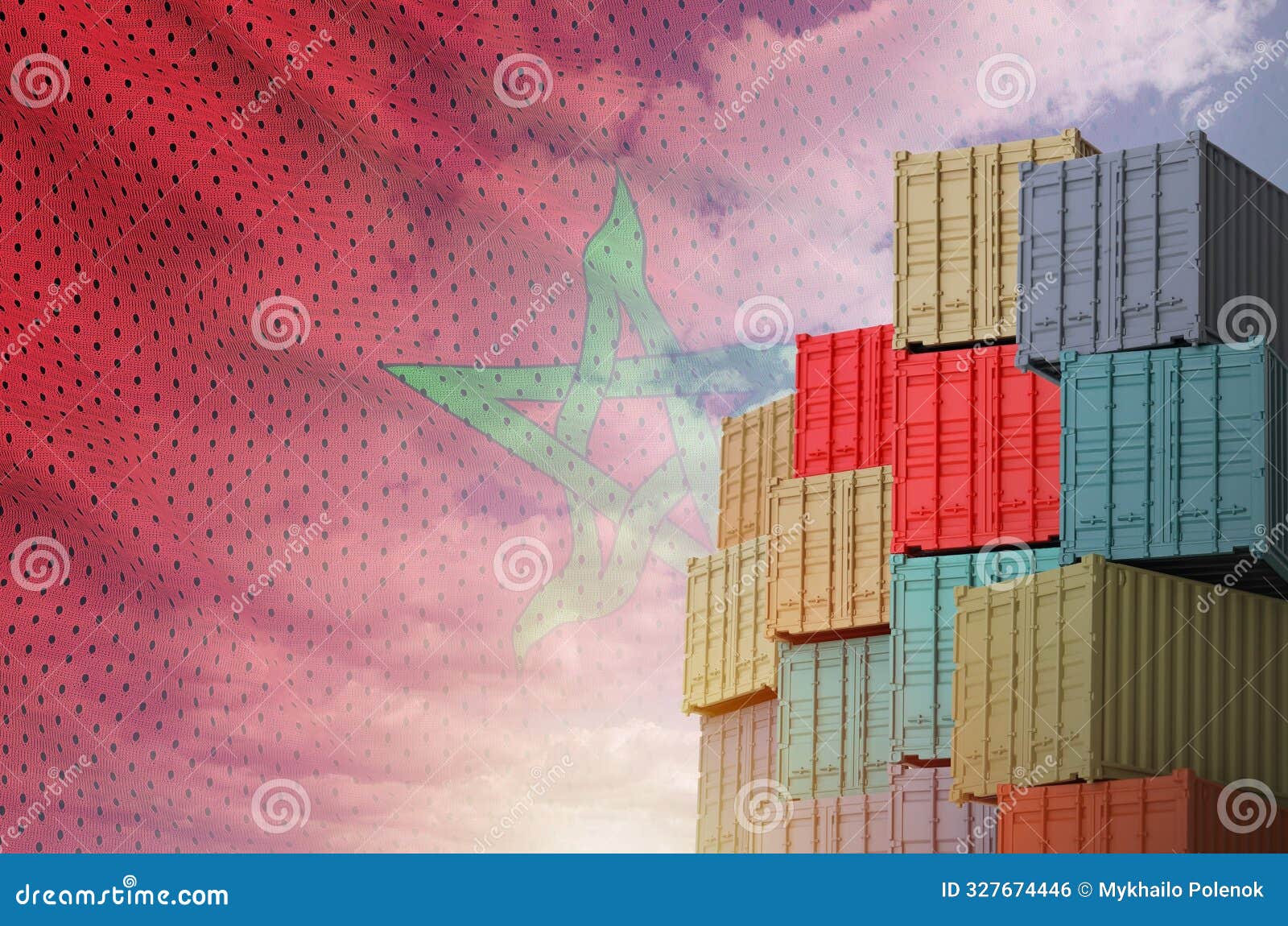 Morocco Flag and Big Stack of Shipping Cargo Containers in Docks with ...