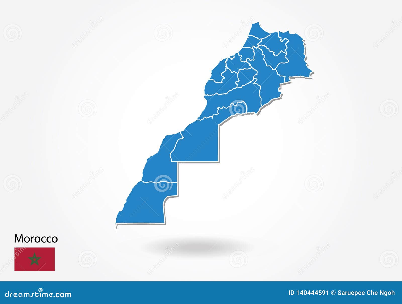 Morocco Map Design with 3D Style. Blue Morocco Map and National Flag ...