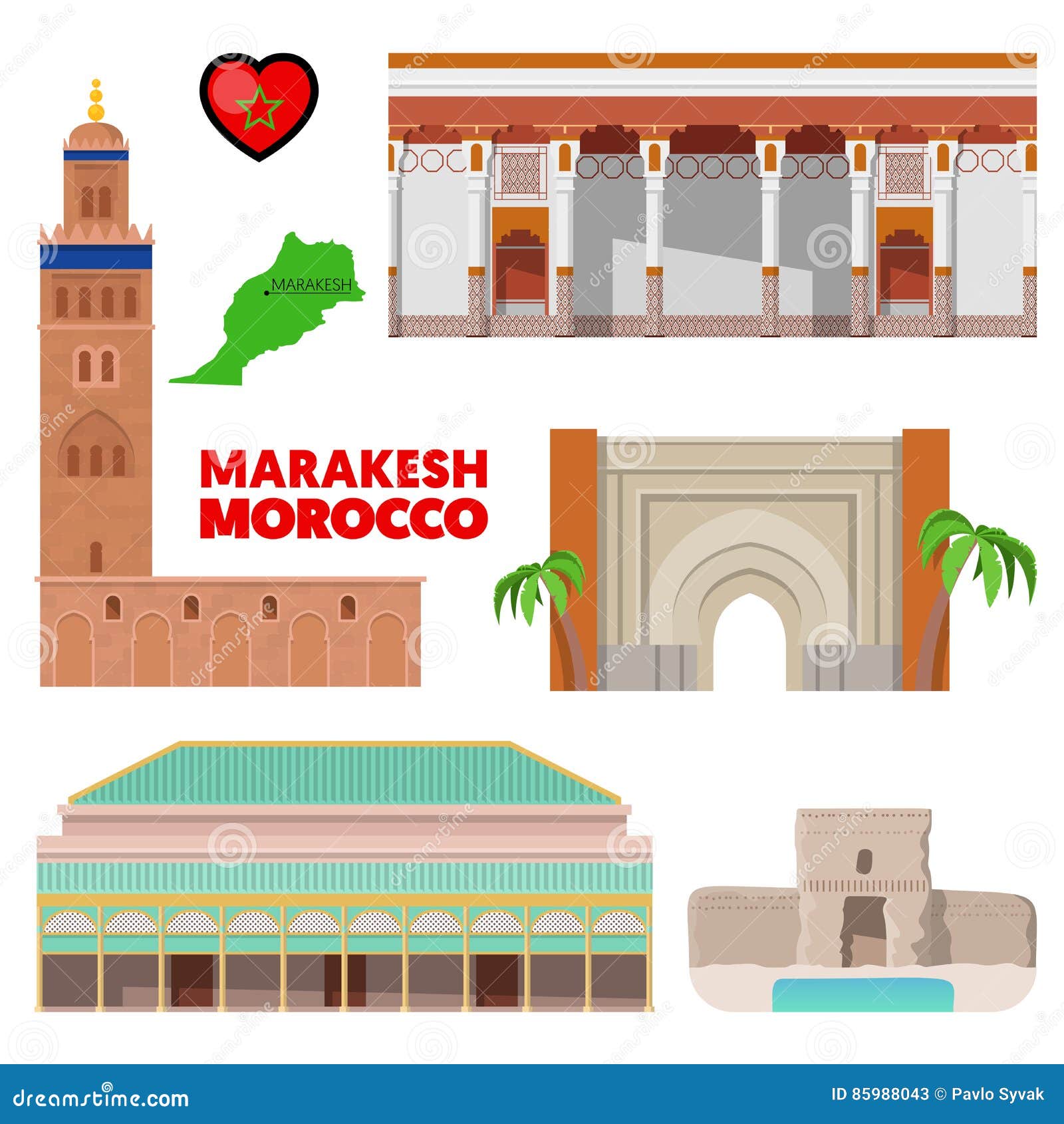 Morocco Marakesh Travel Set with Architecture and Flag Stock Vector ...