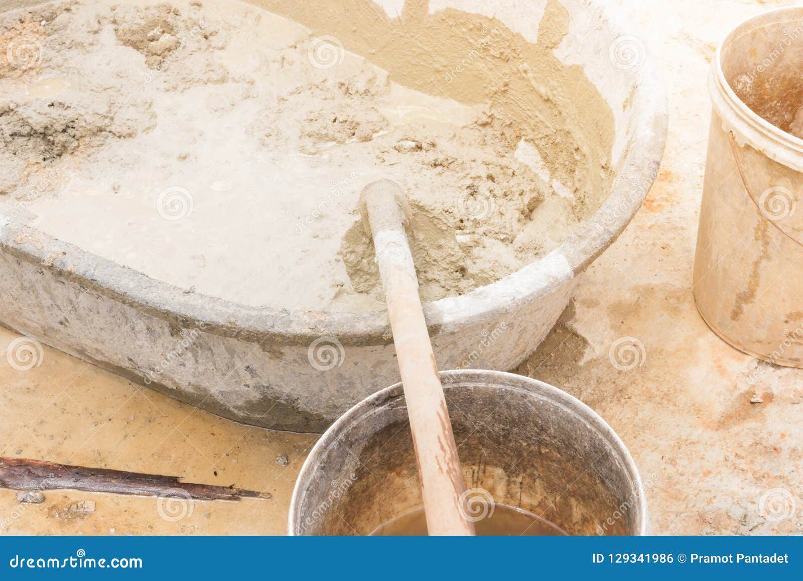 Mortar in Black Plastic Bucket Cement Mixer in Workplace Construction ...