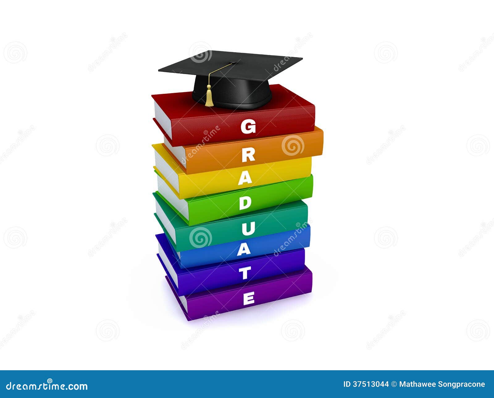 Mortar Board On Stack Of Rainbow Graduate Book Isolated On White Stock ...