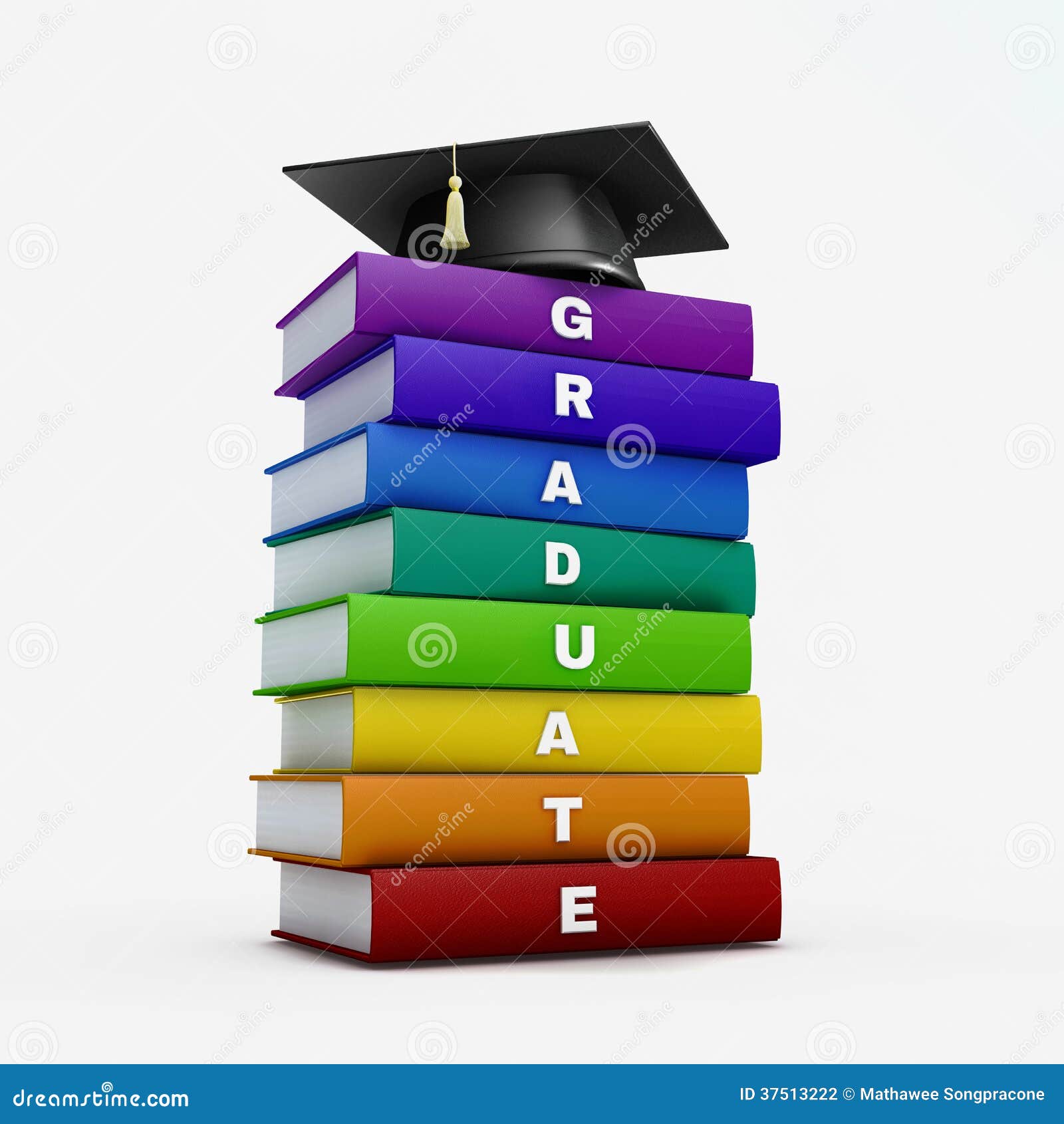 Mortar Board on Stack of Rainbow Graduate Book Isolated on White Stock ...