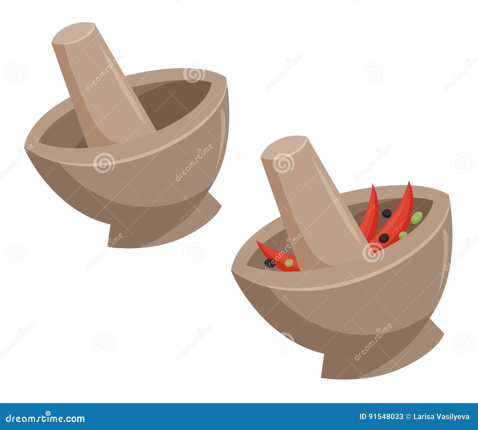 Grind Red Chili Pepper In A Mortar Made Of White Granite. Watercolor ...