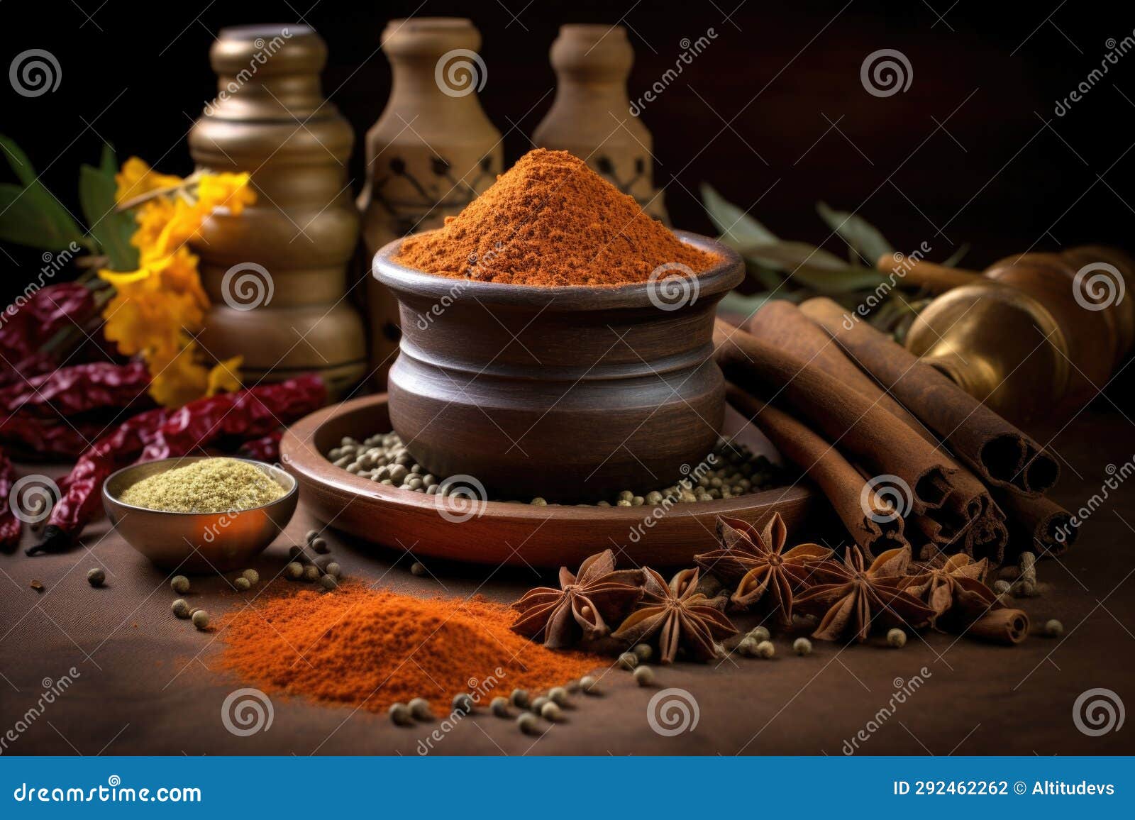 A Mortar Filled with Freshly Ground Spices, Next To Whole Spices Stock ...