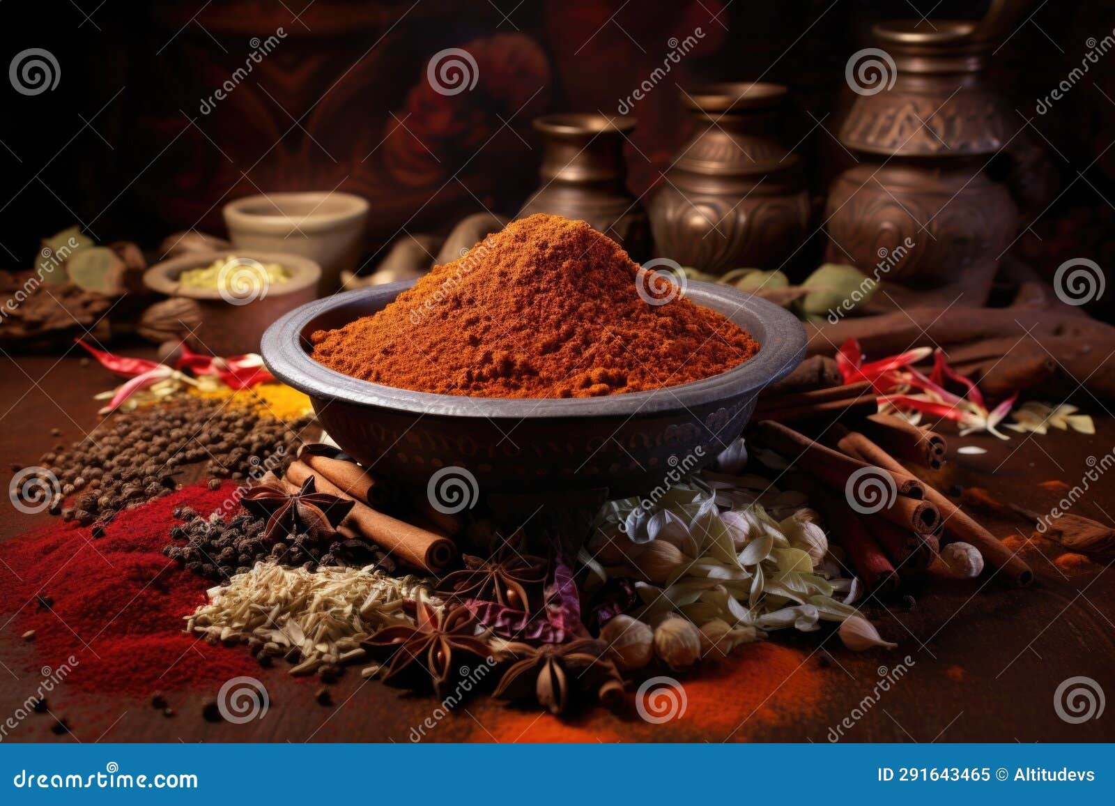 Mortar with Freshly Ground Spices, Surrounded by Whole Dried Spices ...