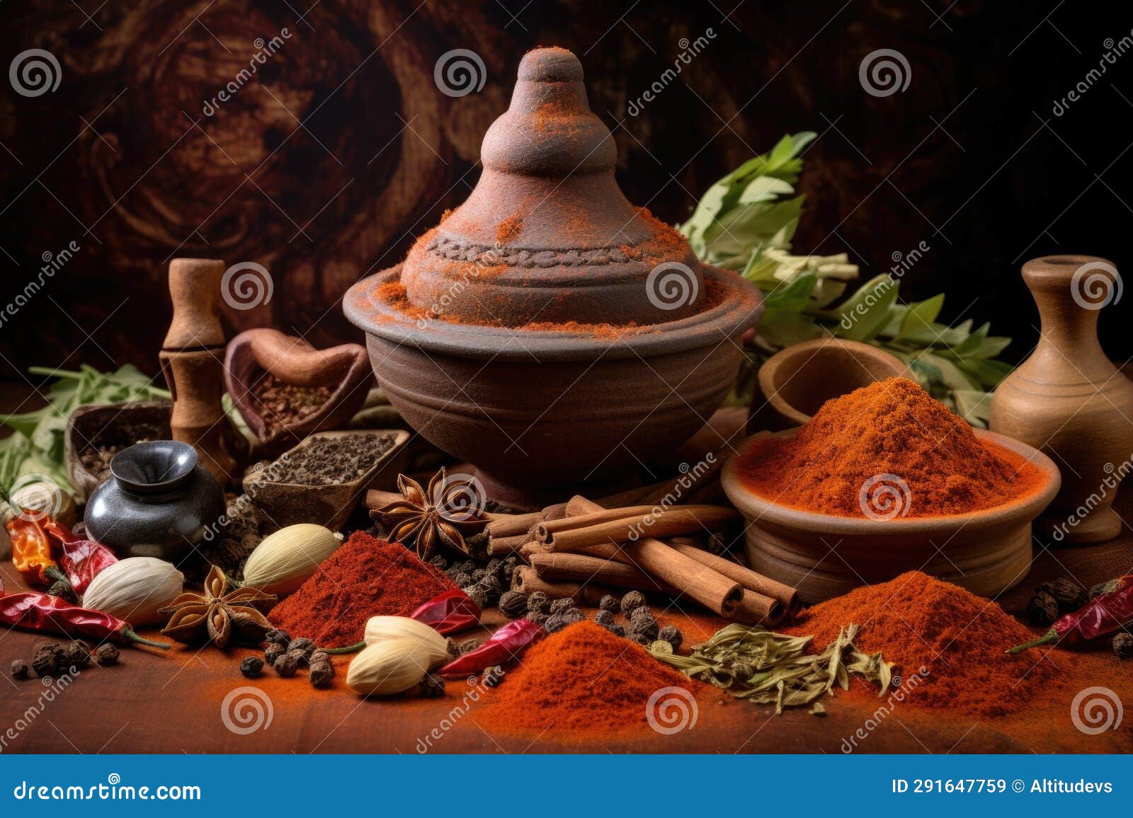 Mortar with Freshly Ground Spices, Surrounded by Whole Dried Spices ...