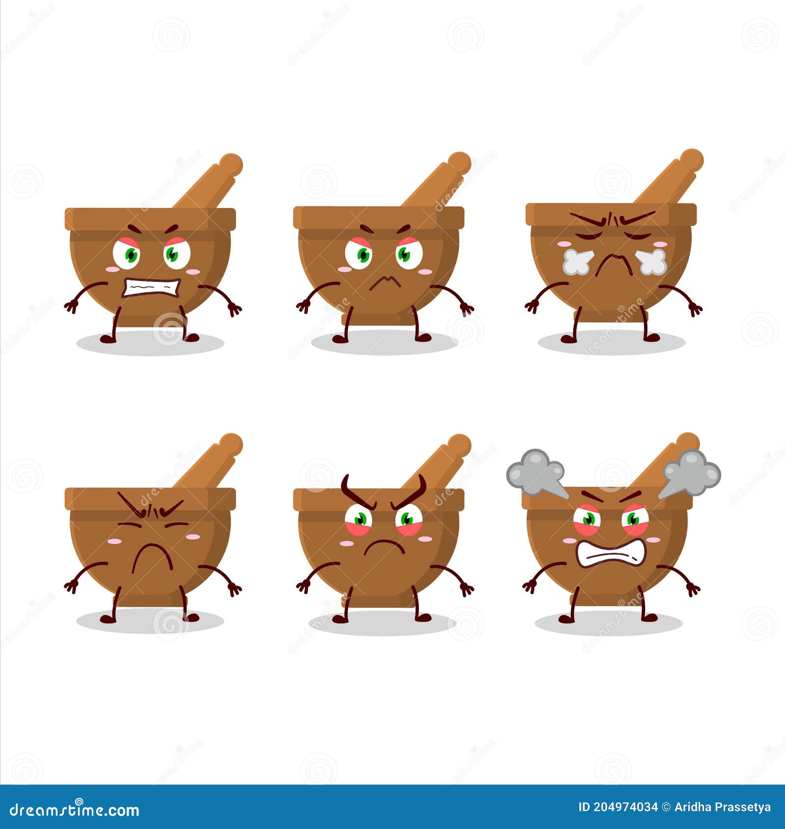 Mortar and Pestle Cartoon Character with Various Angry Expressions ...
