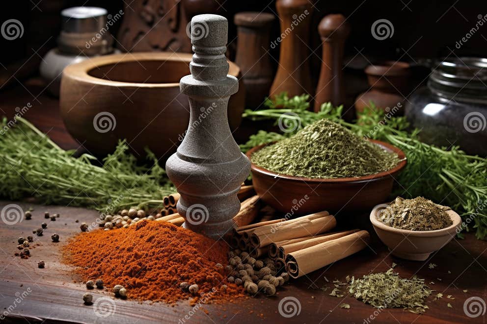 Mortar with Pestle on a Kitchen Table with Various Spices Stock Photo ...