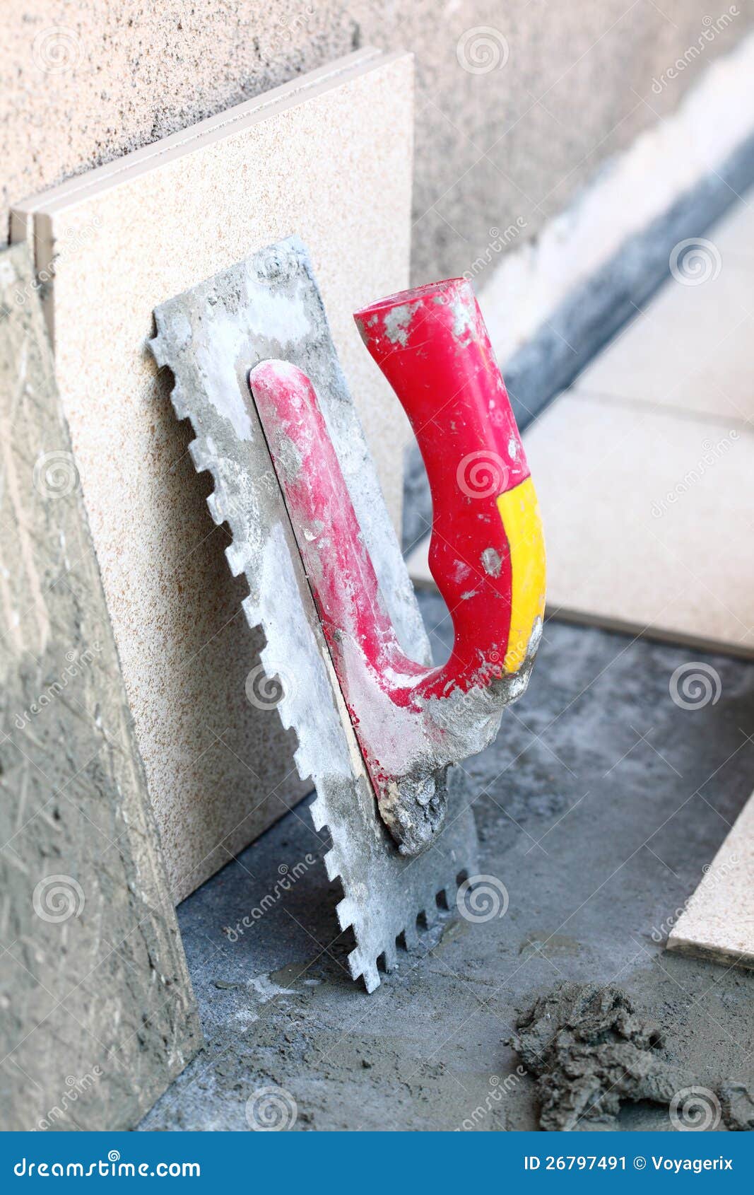 Mortar on Wall Construction Notched Trowel Stock Image - Image of built ...