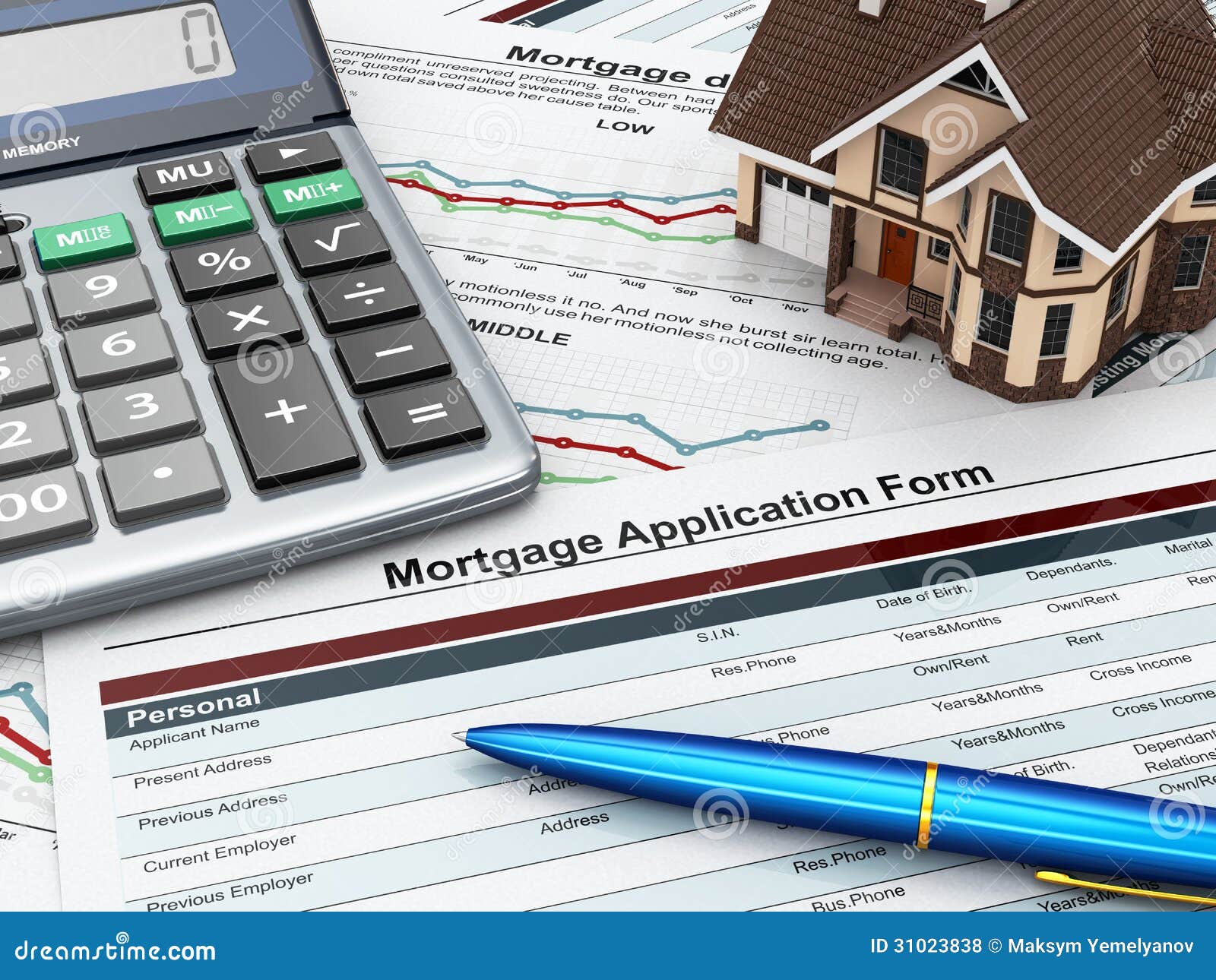 Mortgage Application Form with a Calculator and House. Stock ...