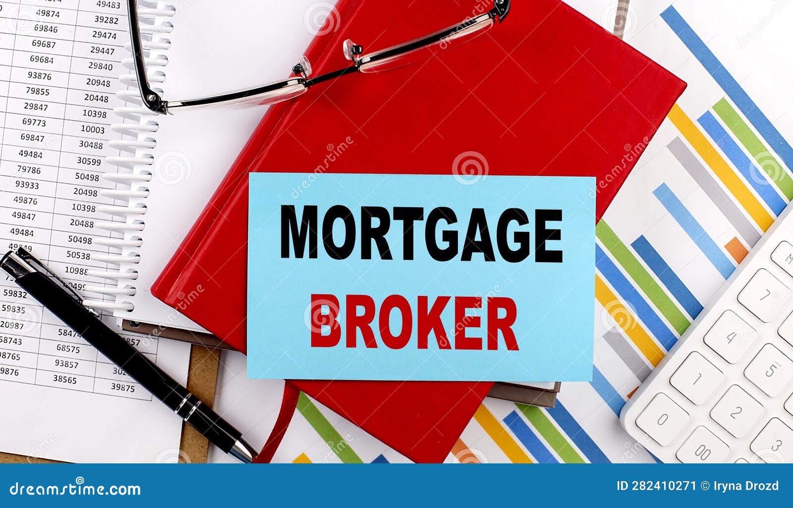 MORTGAGE BROKER Text on a Sticky on Red Notebook on Chart Background ...