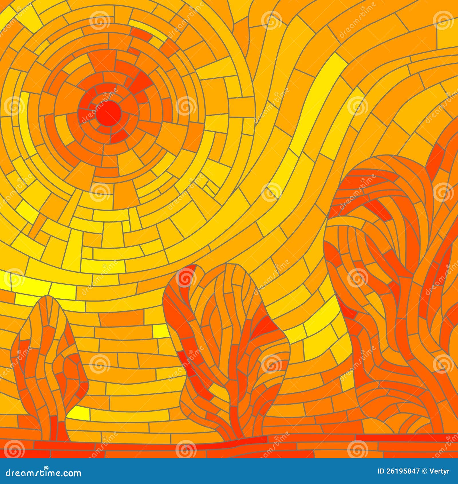 Mosaic Abstract Red Sun with Trees in Yellow Tone. Stock Vector ...