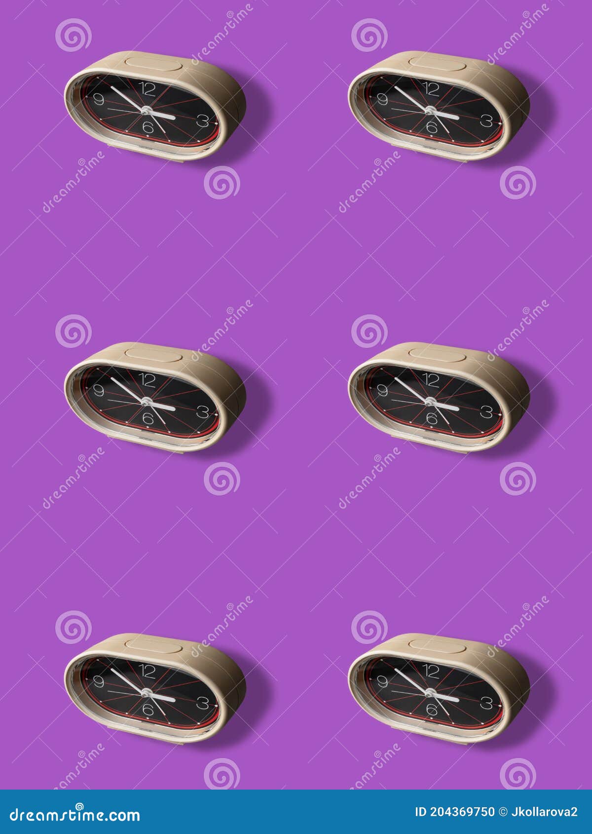 Mosaic of Analog Retro Alarm Clocks on Violet Background Stock Photo ...