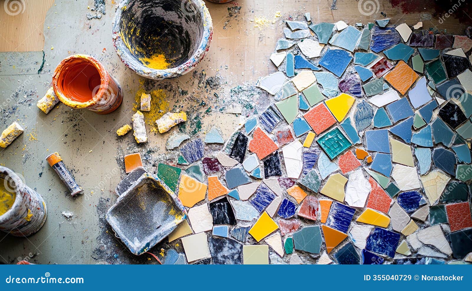 A Mosaic Art Setup with Tiles, Glue, and a Pattern Partially Completed ...