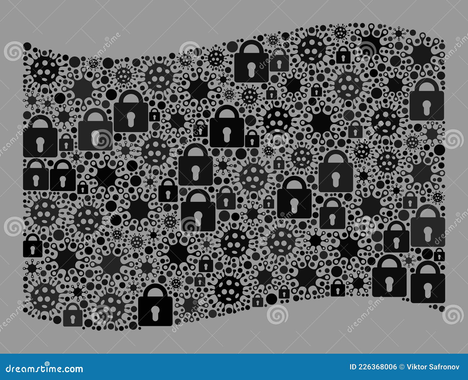 Lockdown Waving Black Flag - Collage with Lock Icons and Viruses Stock ...