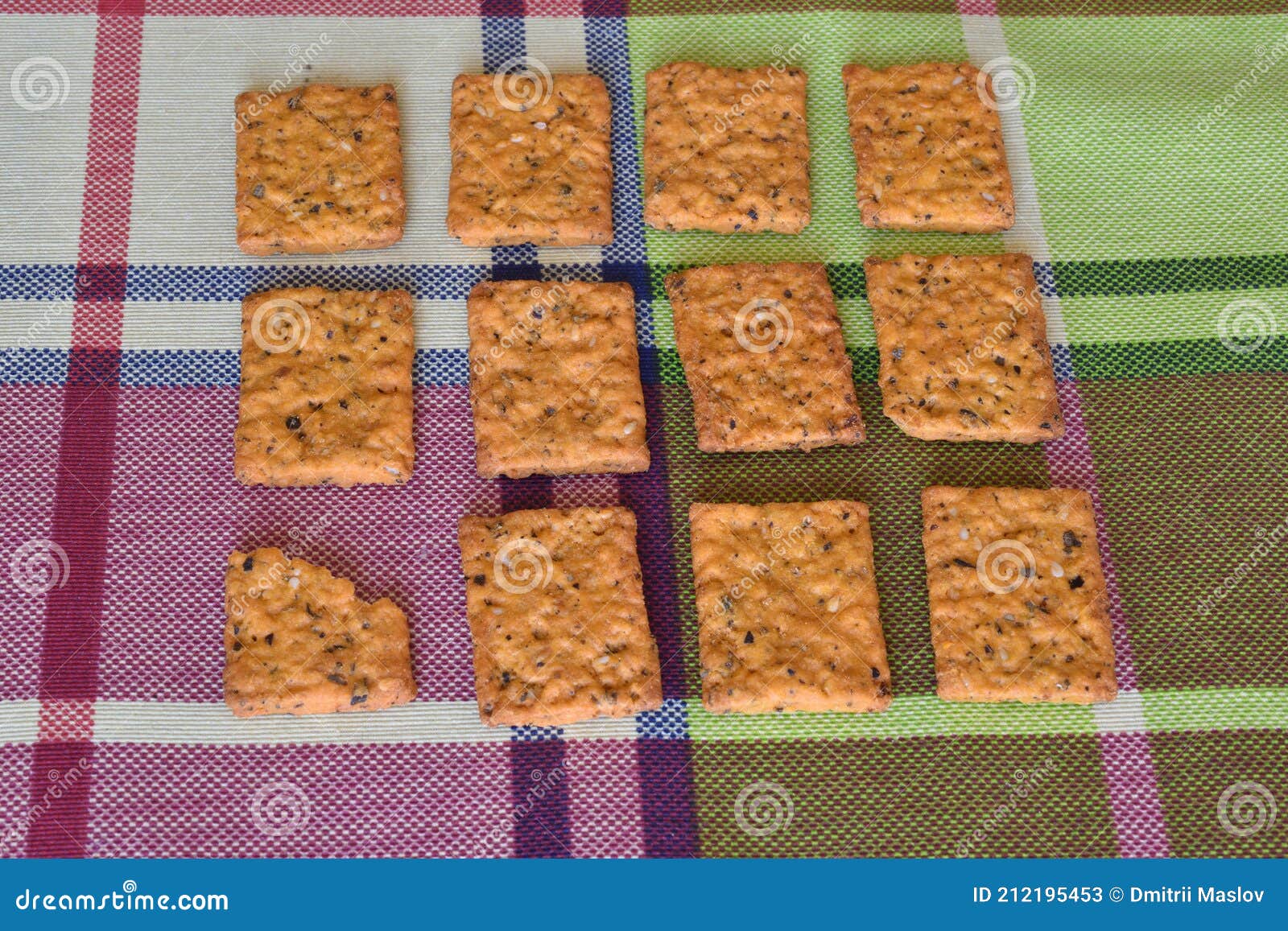 Mosaic of Crackers Laid Out on a Tablecloth. Stock Image - Image of ...