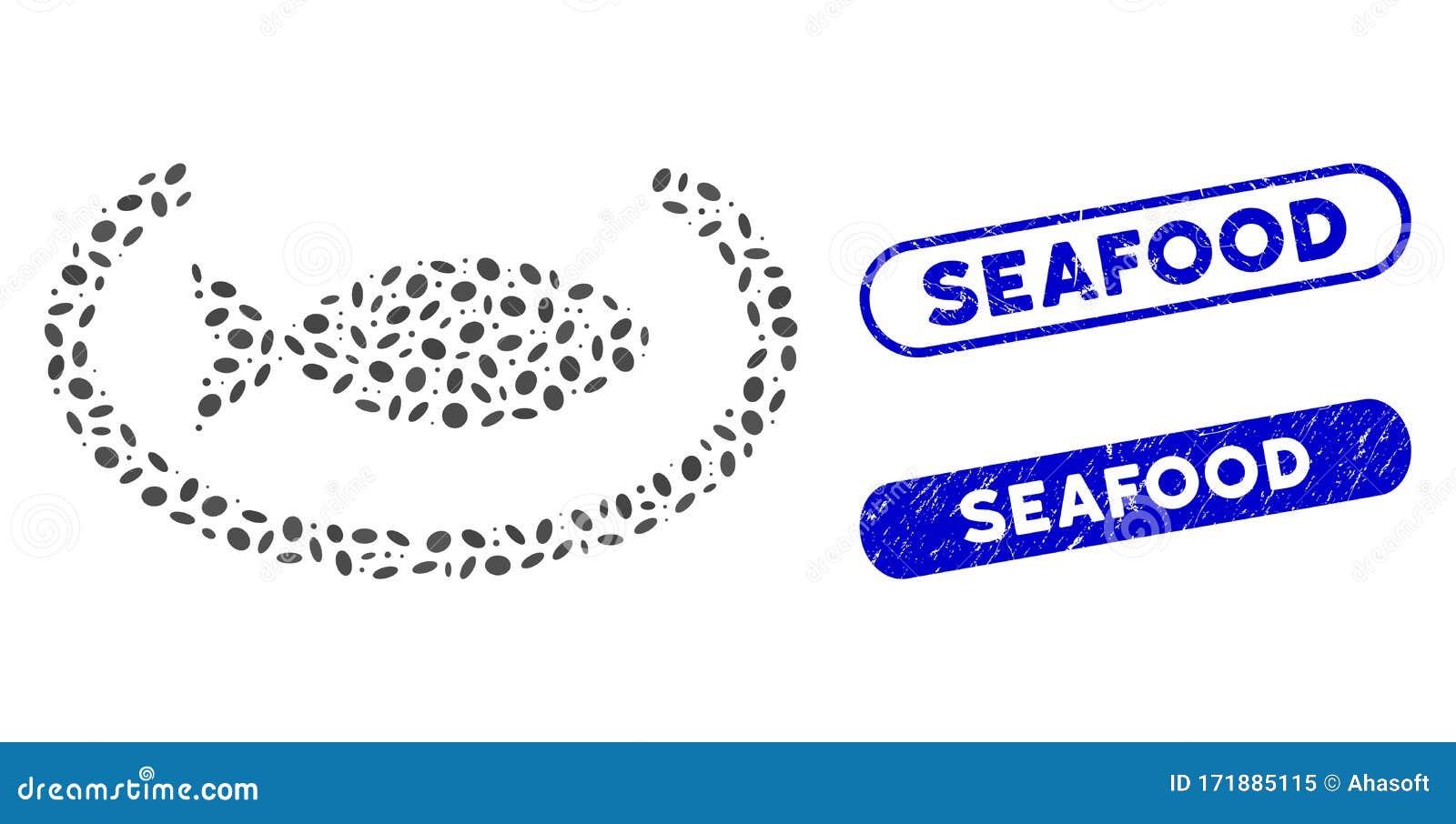 Oval Collage Fish Container Ring with Grunge Seafood Watermarks Stock ...