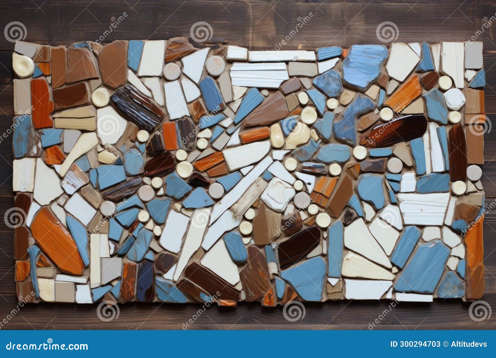 A Mosaic Made from Broken Ceramic Pieces on a Wooden Background Stock ...
