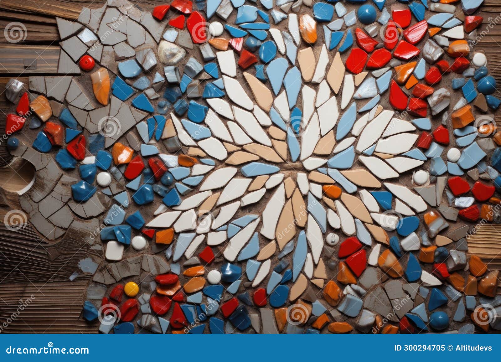 A Mosaic Made from Broken Ceramic Pieces on a Wooden Background Stock ...