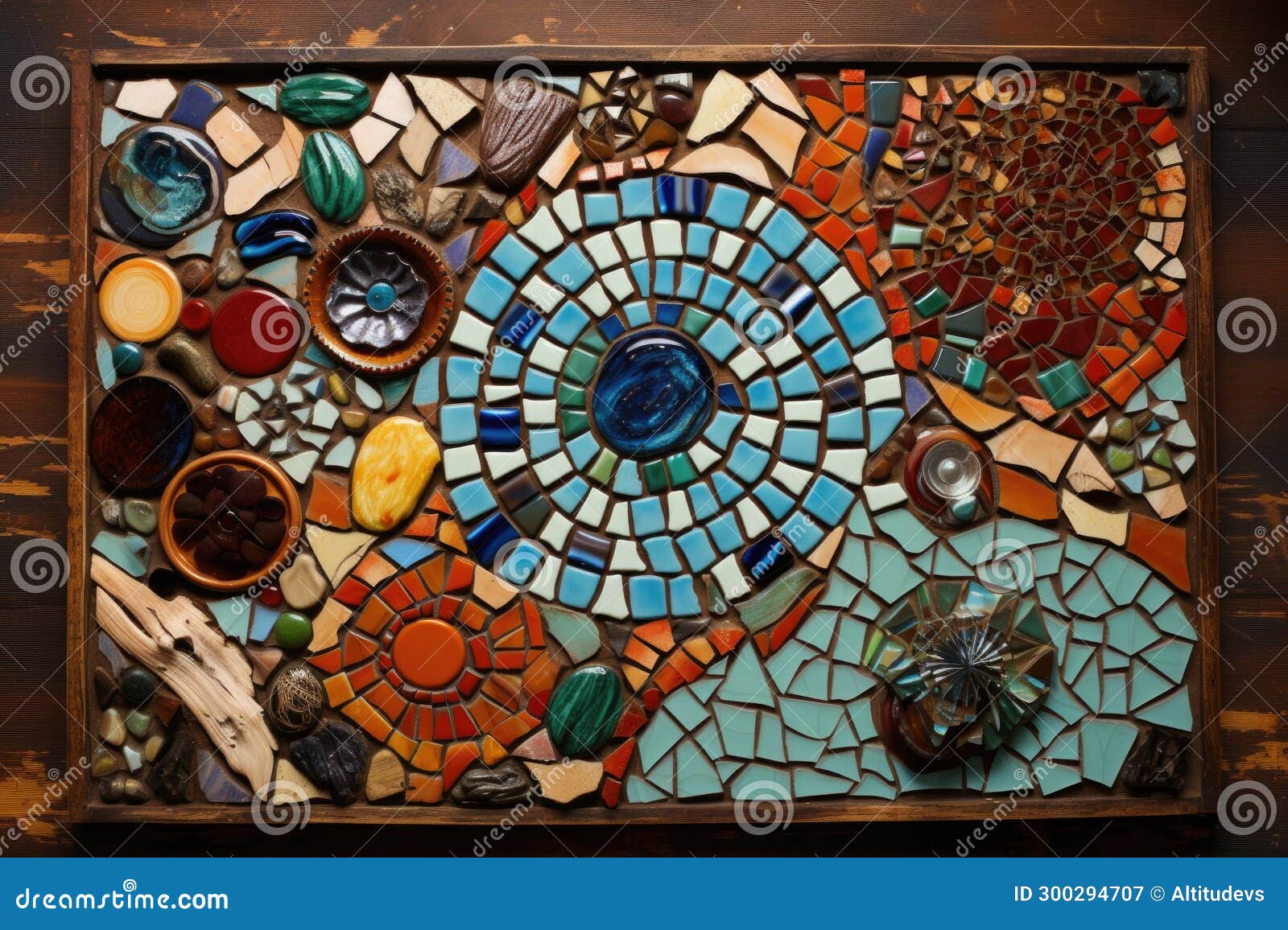 A Mosaic Made from Broken Ceramic Pieces on a Wooden Background Stock ...