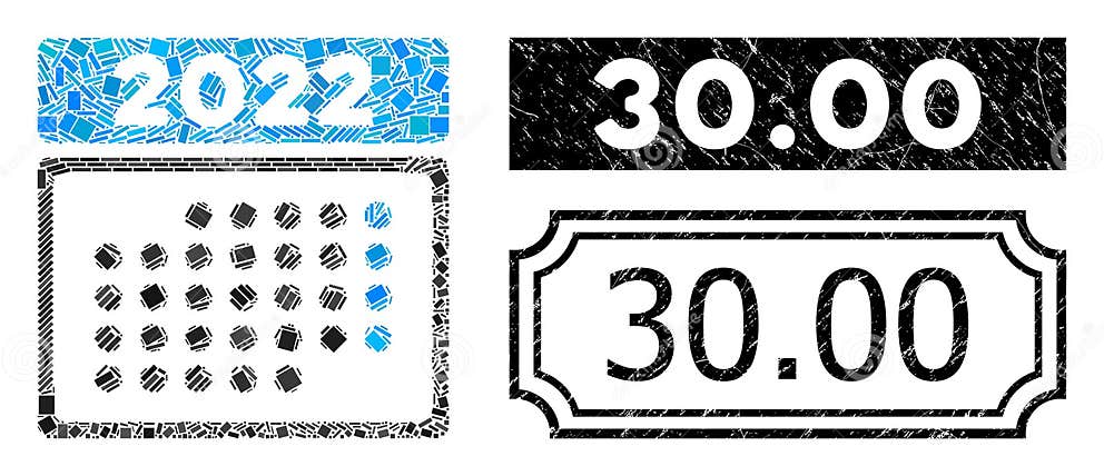 30.00 Scratched Stamp with Notches and 2022 Month Calendar Collage of ...